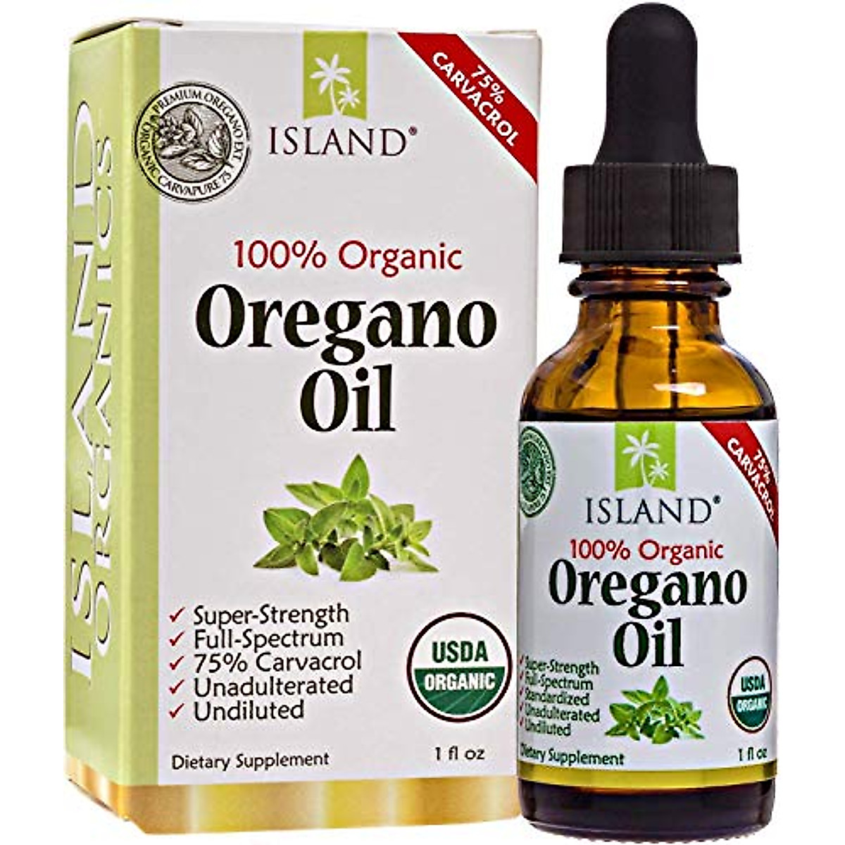 Island Nutrition, Oregano Oil Organic Liquid Drops - 100% Pure & Undiluted - USDA-Certified Organic (1 oz) 75% Carvacrol - Grown in Spain - Immune Support Supplement with Oil of Oregano.