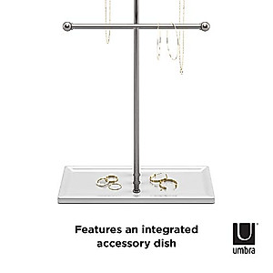 Umbra Trigem Hanging Jewelry Organizer Tiered Tabletop Free Standing Necklace Holder Display, 3, White/Nickel
