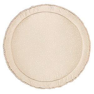 Makemake Organics Organic Play Mat GOTS Certified Organic Cotton Nursery Floor Rug Washable Reversible Non Toxic Activity Mat Tummy Time Crawling Pad Thick Quilted (Round 48", Polka Dots + Solid Oat)