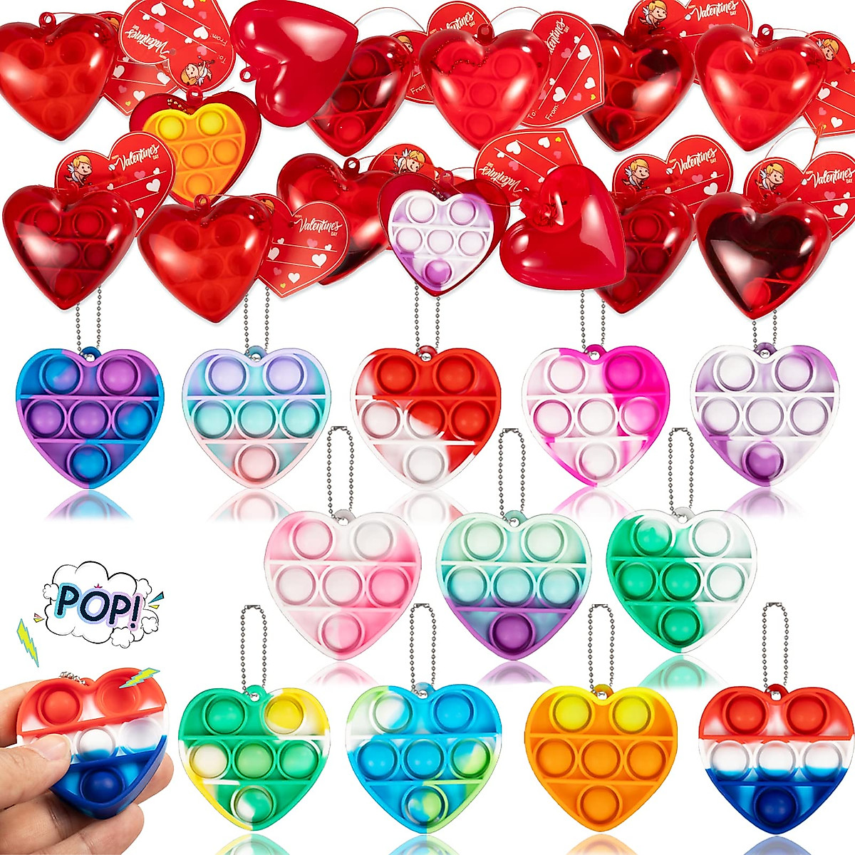 Prefilled Heart Pop Heart Fidget Toys with Cards for Kids - 12 Pack Mini Heart Pop Bubble Sensory Toys Bulk with Keychain Toddlers Girls Boys Exchange Birthday Gifts for Party Favors Supplies