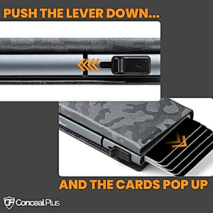 Conceal Plus Slide Up Wallet for Men, Secure Scan Proof Wallet with Pop Up Card Wallet Once Click Acess - Makes a Great Gift or Travel Wallet (Gray PU Camo & Titanium Metal)
