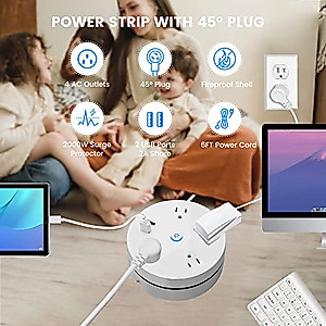 Retractable Power Strip, 6ft Extension Cord Retractable Power Strip Surge Protector with 4 Outlets 2 Smart USB Ports and Hook, Portable & Neat for Travel/Home/Office (White)