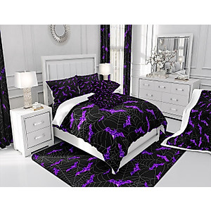Purple Glitter Bat Duvet Cover Set Full Size Spider Web Bedding Set 3Pcs Happy Halloween Theme Comforter Cover for Kids Boys Girls Teens Room Decor Fashion Gothic Black Quilt Cover,2 Pillowcases