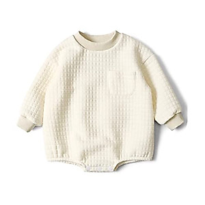 Baby Girl Boy Fall Clothes Quilted Sweatshirt Romper Solid Color Long Sleeve Onesie Shirt Cute Infant Winter Clothing (Cream,0-6 Months)