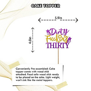 Dirty Thirty Cake Topper, Happy 30th Birthday Cake Topper, Purple & Gold Glitter Cake Decor for Thirty Birthday Party, Cheers to 30 Years Old Birthday Party Decorations