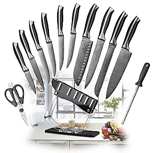 CULITECH 10+3 Piece Knives Set, Household Pro Kitchen Damascus Knife Sets with scissors,peeler sharpener, Acrylic Holder