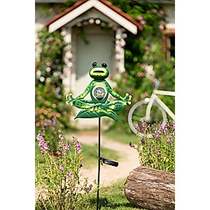 TERESA'S COLLECTIONS 35 inch Meditation Yoga Frog Garden Solar Stake Lights for Outdoor Decor, Decorative Metal Green Happy Zen Frog for Outside Patio Lawn Yard Decoration
