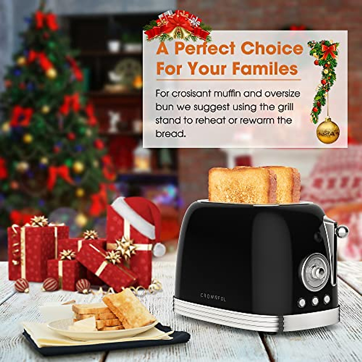 CROWNFUL 2-Slice Toaster, Extra Wide Slots Toaster, Retro Stainless Steel with Bagel, Cancel, Defrost, Reheat Function and 6-Shade Settings, Removal Crumb Tray, Black