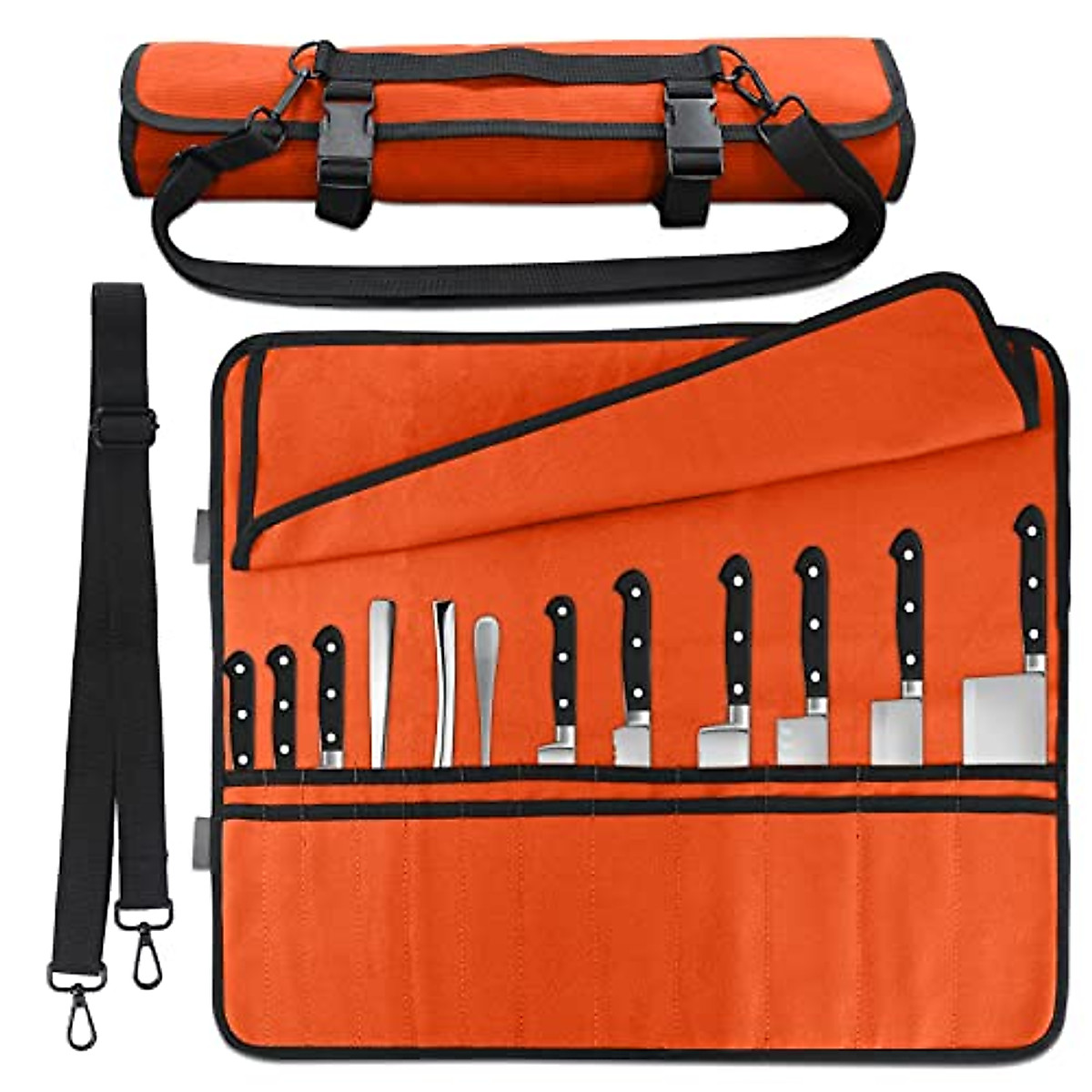 Chef Knife Roll Bag - 20 Total Pockets for Knives and Kitchen Utensils - with an Adjustable Shoulder Strap and Handle,Perfect for the Traveling Chef and Culinary Students -Knives Not Included