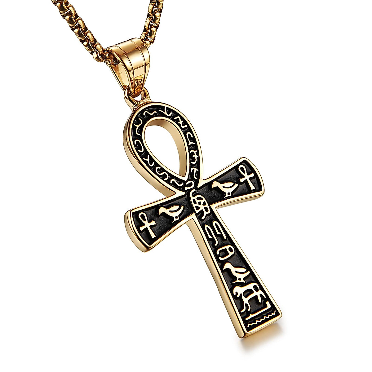 HZMAN Stainless Steel Large Ankh Cross Pendant Ancient Egyptian Hieroglyphic Symbol 22+2 Inch Chain (Gold-Small)