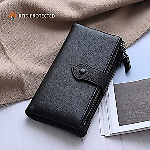 Women Soft Leather RFID Blocking Bifold Slim Wallets Credit Card Holder with Double Zipper Pocket(Black)