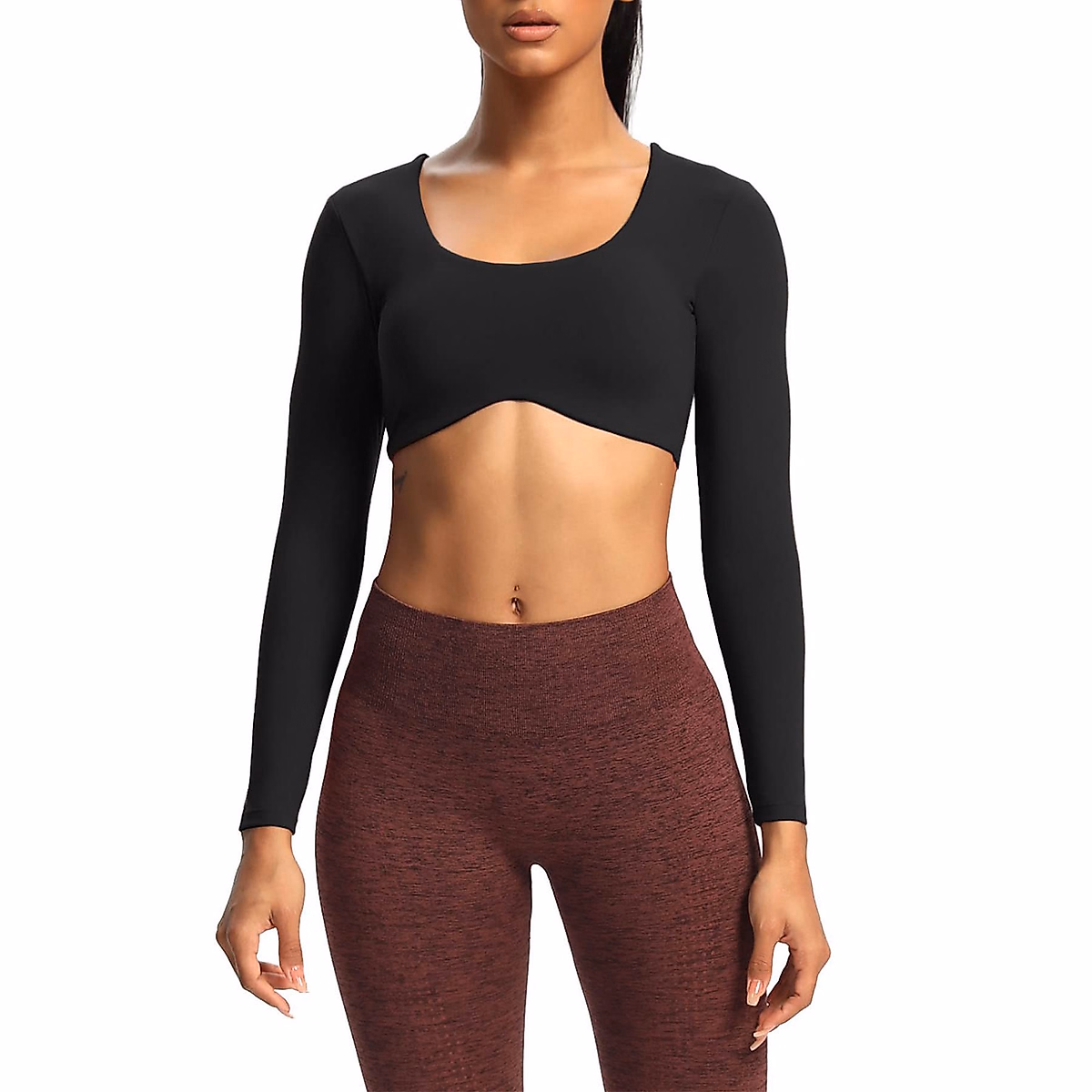 Aoxjox Long Sleeve Crop Tops for Women Define Sculpt Workout Cropped T Shirt Top (Black, Large)