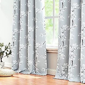 White Grey Blackout Curtains for Bedroom 84 inch Length Floral Printed Living Room Curtain Panels for Farmhouse Décor Blossom Thermal Energy Efficient Light Blocking Window Curtain 50"w 2pcs