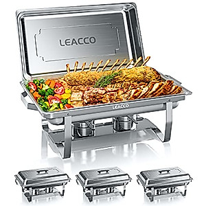 LEACCO Chafing Dishes Buffet Set, 4 Pack 8QT Stainless Steel Chafers Food Warmer Trays for Buffets, Parties