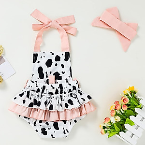 GRNSHTS Infant Baby Girls Ruffle Romper Toddler Sleeveless Halter Bodysuit Jumpsuit+Headband Summer Clothes Cow 12-18 Months Pink&black