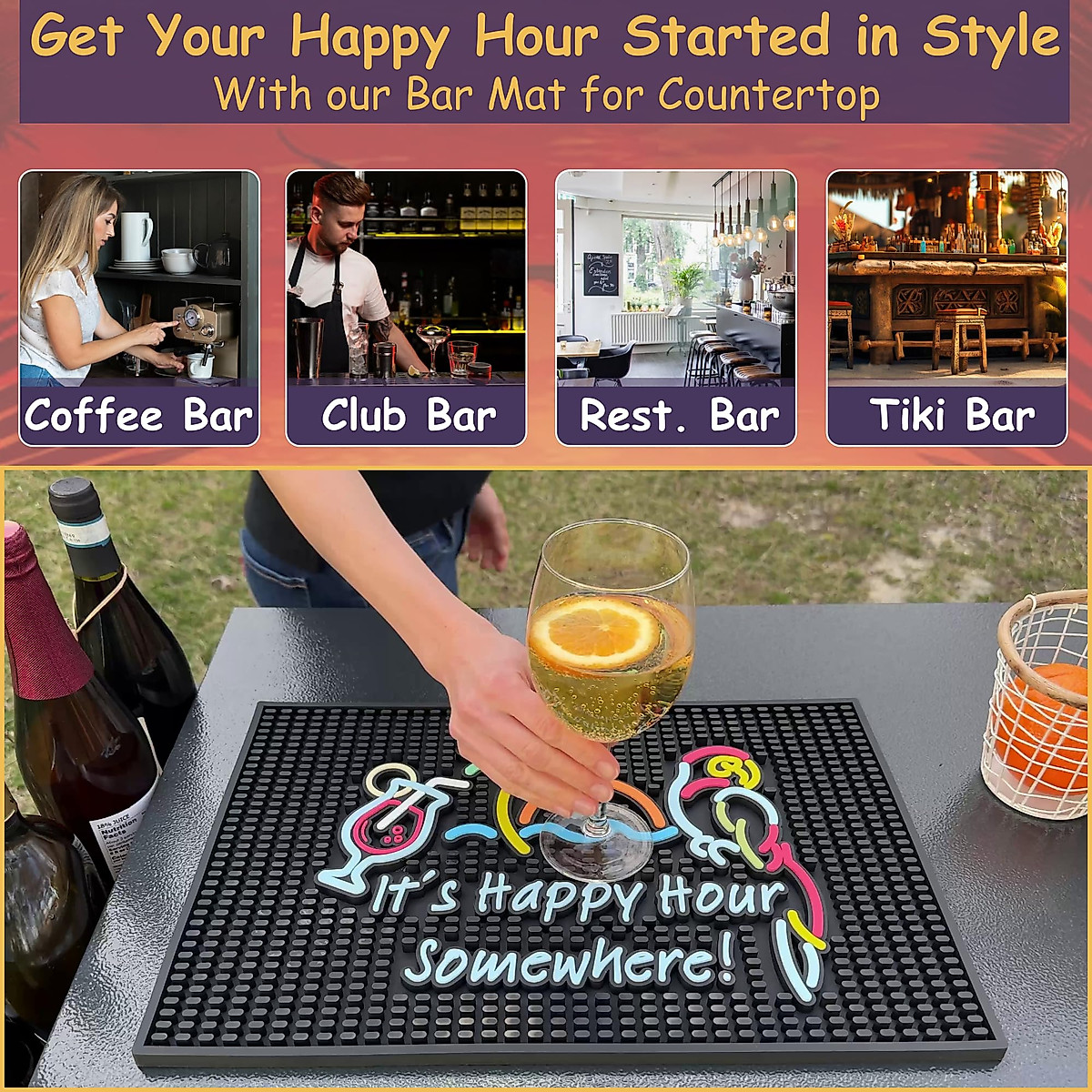 Tiki Bar Happy Hour Sign Rubber Bar Mat for Bartending 18x12 in, It's Happy Hour Somewhere Outdoor Tiki Bar Decor, Bar Mats for Countertop, Bar mat for Home Bar, Bartender Mat, Home Bar Accessories
