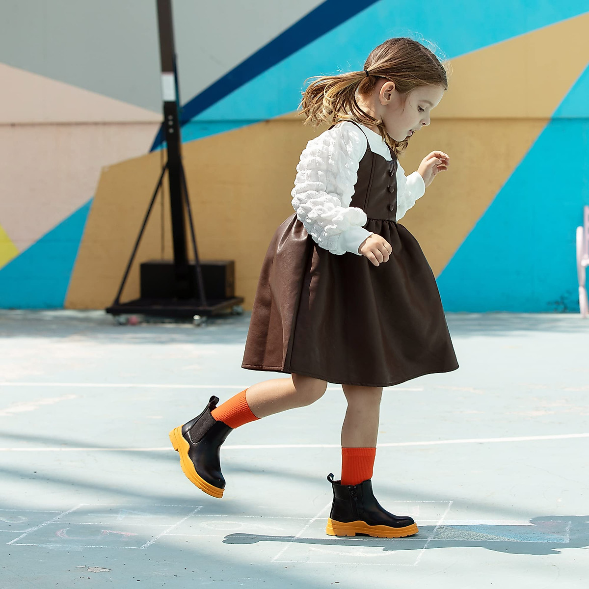 Hawkwell Boys Girls Low Heels Ankle Boots Unisex Kids Side Zipper Chelsea Booties (Toddlers/Little Kids/Big Kids),Black Orange PU 6 M US