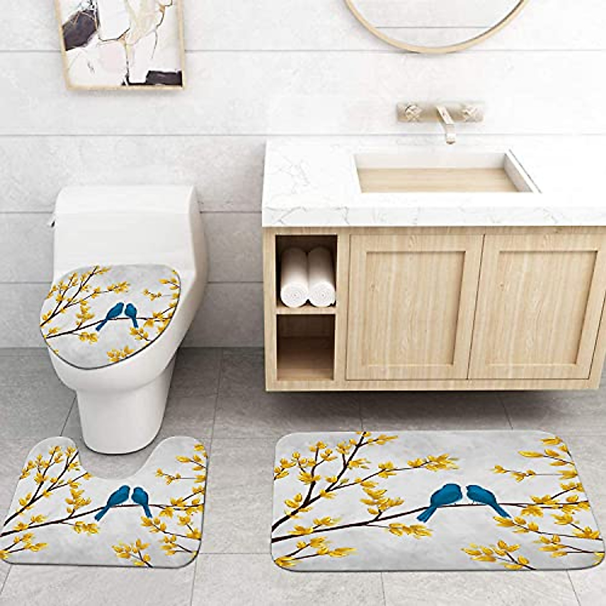 DuoBaorom 4 Pieces Set Tree Bird Shower Curtain Set Blue Love Birds on Yellow Tree Branch Picture Print on Non-Slip Rugs Toilet Lid Cover Bath Mat and Bathroom Curtain with 12 Hooks 72x72inch