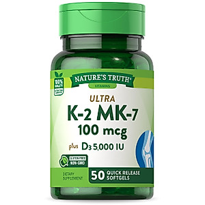 Vitamin K2 MK7 Complex | 100 mcg | 50 Softgels | with Vitamin D3 | Non-GMO & Gluten Free Supplement | by Nature's Truth