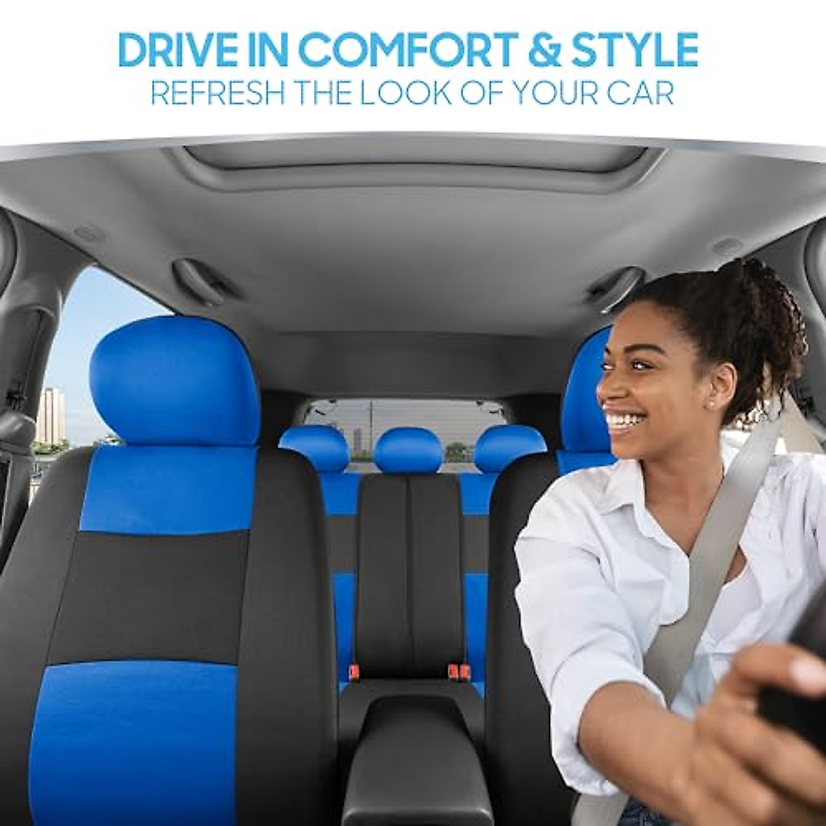 BDK PolyPro Car Seat Covers Full Set in Blue on Black, Front and Rear Split Bench Seat Covers for Cars, Easy to Install Car Seat Cover Set, Car Accessories for Auto Trucks Van SUV - Blue