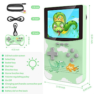 Aibrisk Dinosaur Retro Handheld Game Console with 500 Classic FC Games, 3.0 inches HD Screen Portable 1020mAh Battery Rechargeable Video, Support TV & Two Players Present for Kids & Adults (Green)