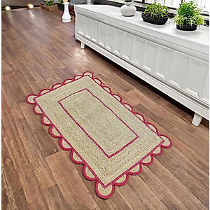 BUNDELA EXPORTS Scalloped Jute Area Rug, Floor Farmhouse Rug Natural Braided Reversible Boho Eco Large 2x12 Ft Runner Rug (RED)
