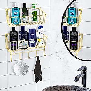 KingFurt Shower Caddy Gold,2Pcs Adhesive Bathroom Shower Organizer Shelves,Kitchen Storage Rack with Hooks,No Drilling Wall Mounted or Drill Stainless Steel Rustproof Shower Shelf for Inside Shower