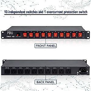 10 Outlet Horizontal 1U Rack Mount PDU Power Strip - Surge Protection,10 Individual Led Switches，AC 100V-240V-15A.for Network Server Racks, 6 Feet Heavy Power Cord