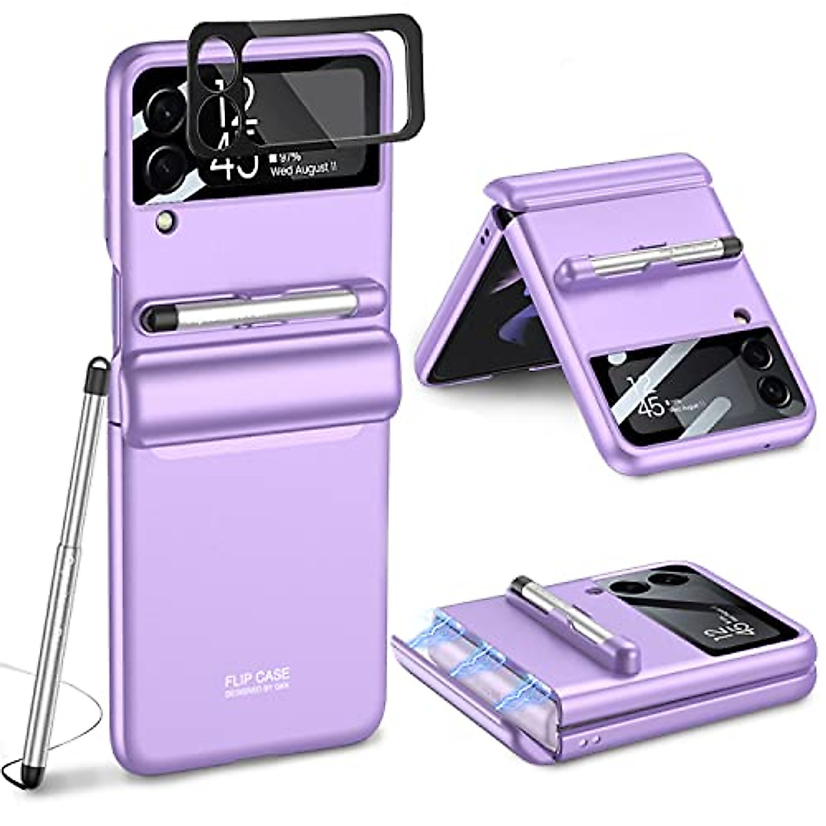 COCOING for Samsung Galaxy Z Flip 3 Case,with Stylus Fashion Business Phone case,with Hinge Protection Device and Camera Screen Protector,Case for Samsung Z Flip 3 5G（Purple）