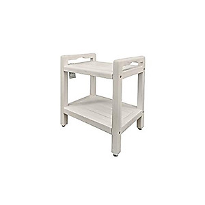 EcoDecors Coastal Vogue White Wash Eleganto 20" Teak Shower Stool with LiftAid Arms and Shelf