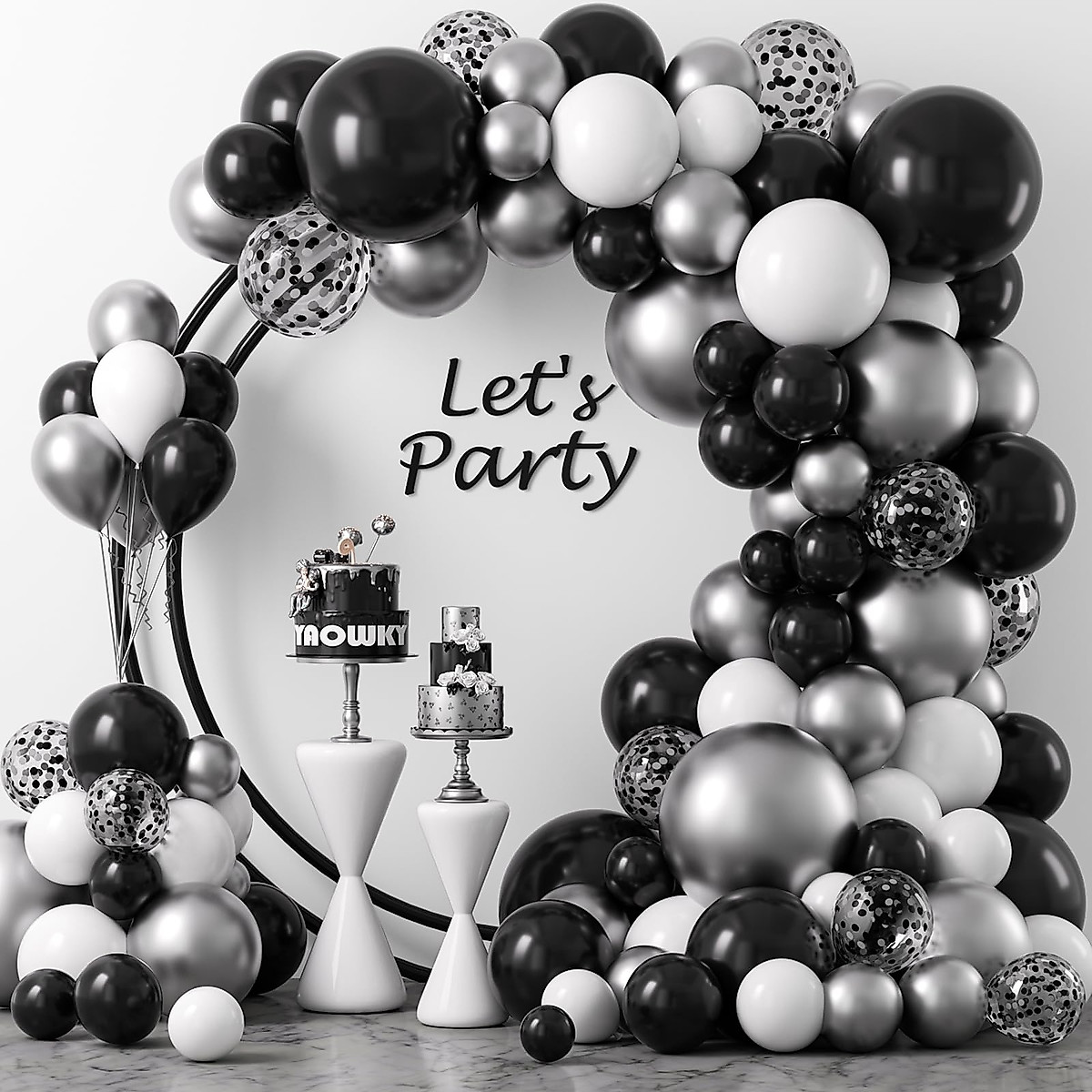 YAOWKY Black and Silver Balloons Garland Arch Kit,124pcs 18 12 10 5 Inch Black White and Silver Confetti Latex Balloons for Happy New Years Eve Party, Graduation, Wedding, Birthday Party Decorations
