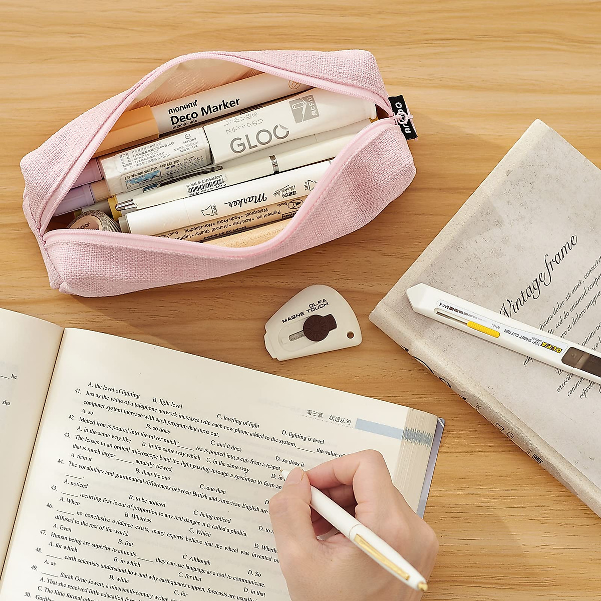 ANGOOBABY Small Pencil Case Student Pencil Pouch Coin Pouch Cosmetic Bag Office Stationery Organizer for Teen School-Pink