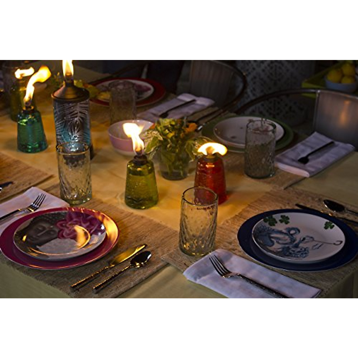 TIKI 1116040 Brand Molded Glass Table Decorative Outdoor Torch for Patio, Lawn, and Garden, 6 in, (Set of 3), Red, Green and Blue