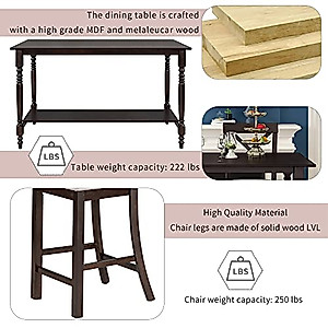 P PURLOVE 6-Piece Counter Height Dining Table Set Wooden Rectangle Dining Table with Bottom Shelf and 4 Upholstered Chairs with Padde Bench Kitchen Home Furniture for 6-8 Persons