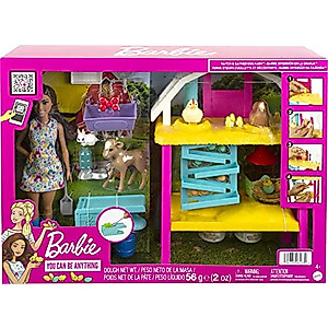 Barbie Doll & Playset, Hatch & Gather Egg Farm with Hatching Molds & Dough, Chicken Coop, 10 Animals & Accessories, Brunette Doll