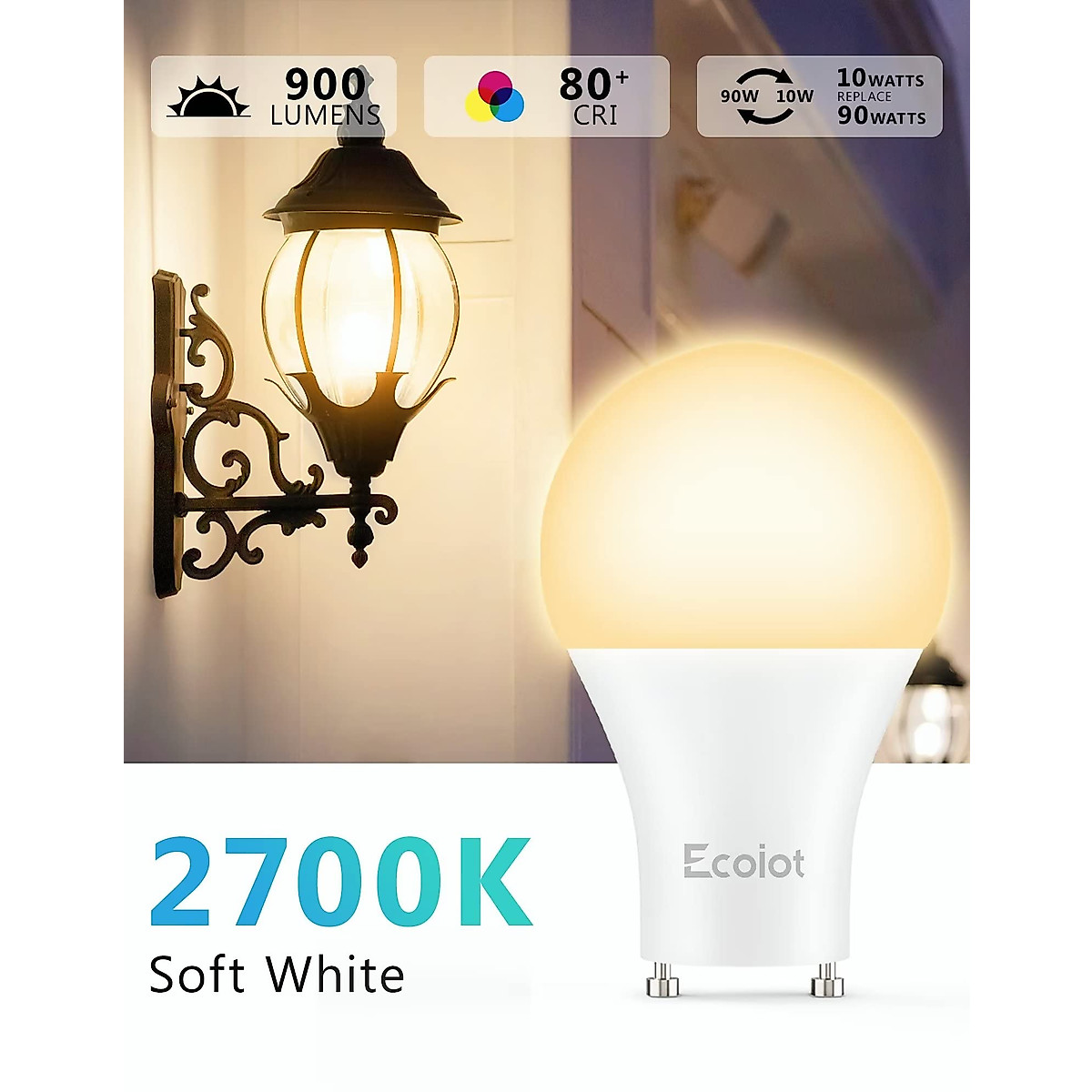 Ecoiot GU24 Dusk to Dawn Outdoor Light Bulbs,Light Sensor A19 LED Bulbs,Photocell Sensor, Automatic On/Off for Indoor/Outdoor Security Lighting,10Watt(90Watt Equivalent),2700K Soft White,4 Pack