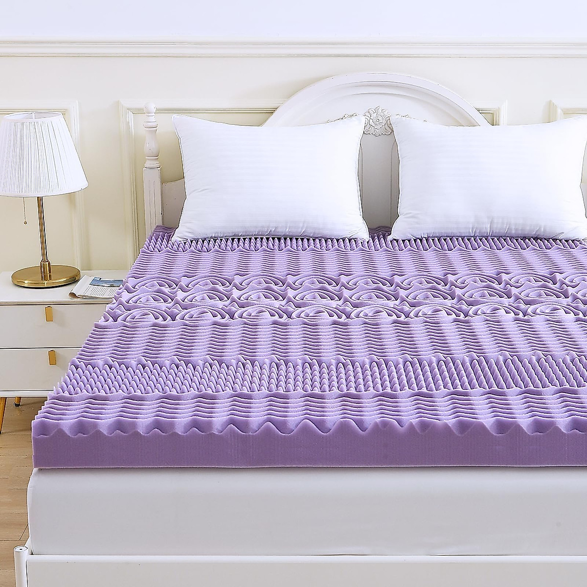 MUXHOMO 3 Inch 7-Zone King Mattress Topper, Egg Crate Foam Mattress Topper King Size for Back Pain, Cooling Gel Infused Mattress Pad, CertiPUR-US and Oeko-TEX Certification (76"×80", Lavender)