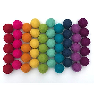 Rainbow Party - 100% Handmade Wool Felt Pom Poms - (50) Pure New Zealand Wool Felt Balls - DIY Pompoms - 0.8-1.0" Size - Drawstring Muslin Bag