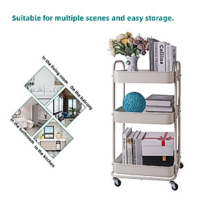 YOHKOH 3-Tier Metal Rolling Utility Cart, Storage Trolley Cart with Mesh Baskets and Lockable Wheels for Bathroom Kitchen Office(White)