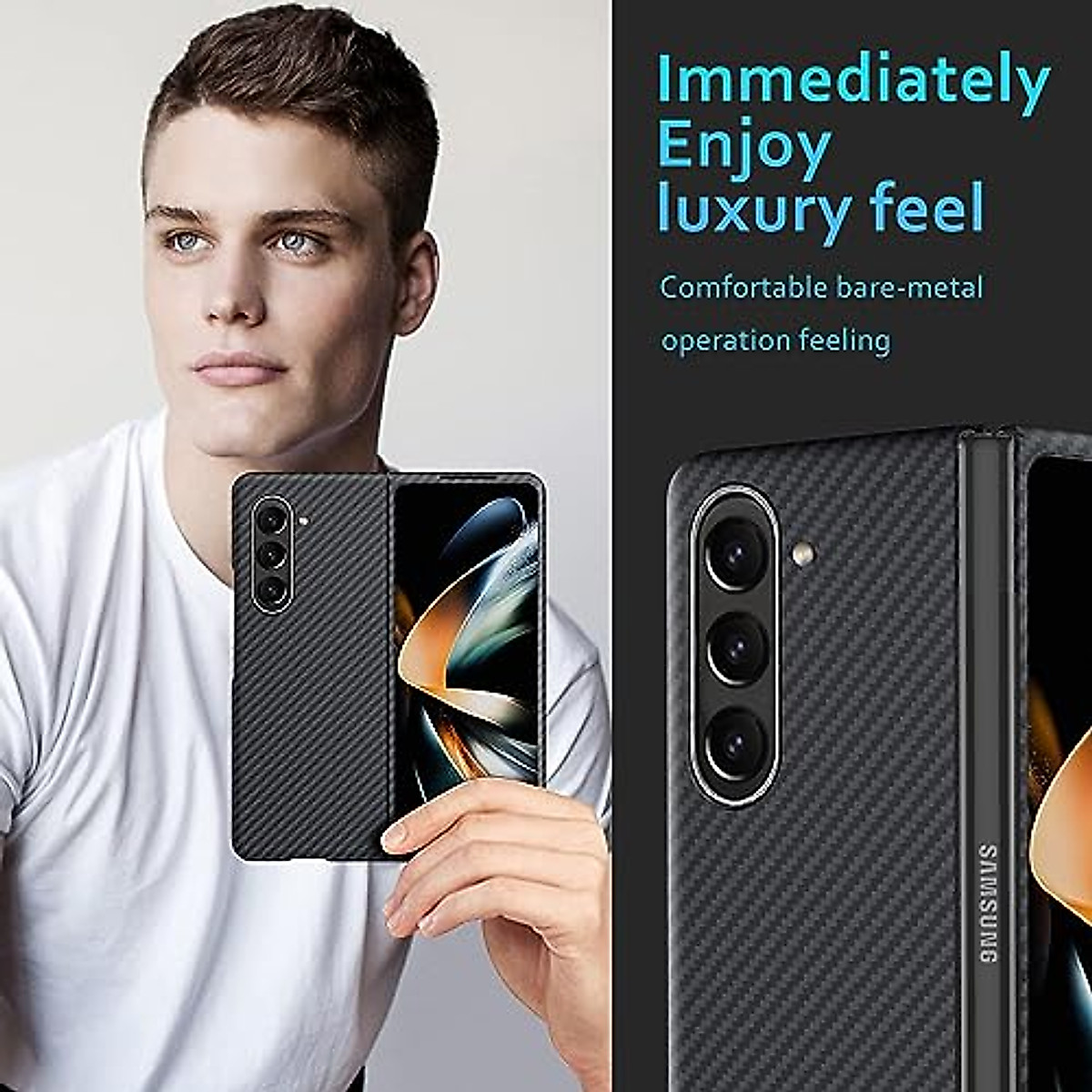 for Samsung Galaxy Z Fold 5 Carbon Fiber Case 7.6" 5G, Slim and Thin Aramid Protective Cover 0.03in 0.4oz, Lightweight, Anti-Scratch Protector, Supports Wireless Charging, Black