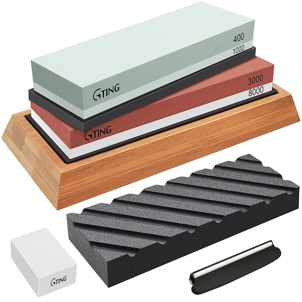 Sharpening Stone Whetstone Knife Sharpener, G-TING 400/1000 and 3000/8000 Grit Knife Sharpening Kit Wet Stone with Flattening Stone, Angle Guide, Non Slip Bamboo Base for Kitchen Knives, Pocket Knife