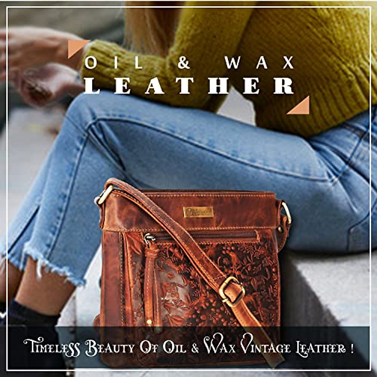 LEVOGUE Genuine Leather Crossbody Handbag for Women - Shoulder bag for Womens Handmade by VALENCHI (Cognac Vintage-Flower)