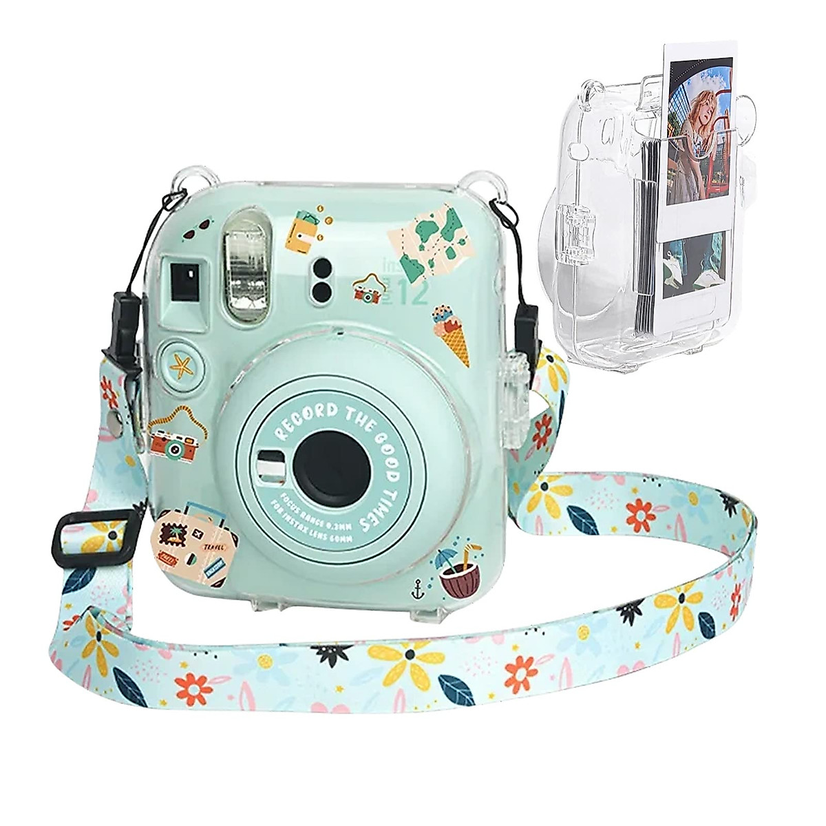 Ngaantyun Mini 12 Clear Case Bundle Kit for Fujifilm Instax Mini 12 Instant Camera Case with Film Pocket Pictures Holder, Stickers Skin Decal, Adjustable Shoulder Strap Accessories
