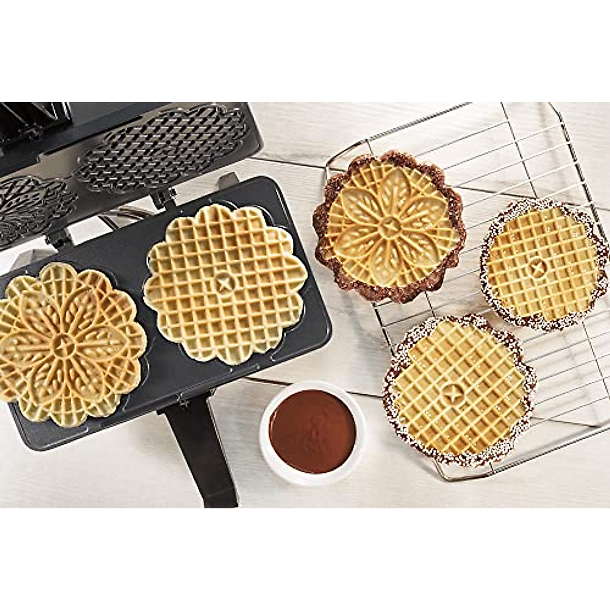 Pizzelle Maker - Non-stick Electric Pizzelle Baker Press Makes Two 5-Inch Cookies at Once- Recipe Guide Included- Easter Holiday Dessert Treat Making Made Easy- Unique Birthday or Any Occasion Gift