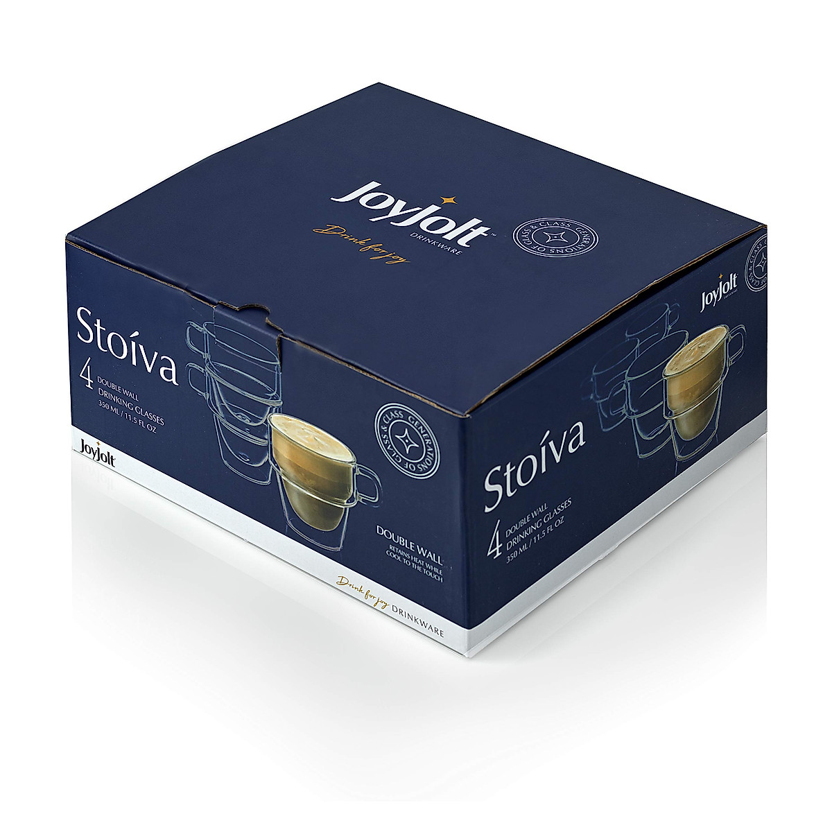 JoyJolt Stoiva Double Wall Insulated Coffee Mugs – 11.5 oz Glasses Set with Handle, Ideal for Hot and Cold Drinks – Large Mugs for Coffee, Latte, Cappuccinos, Tea – Stackable, Modern Design – Set of 4