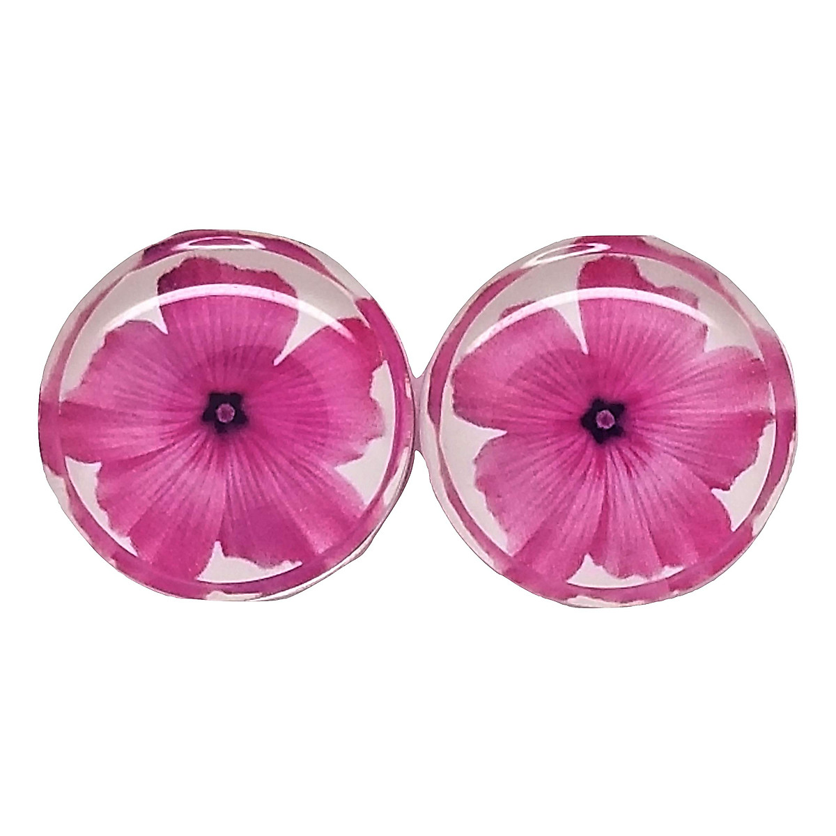 Pink Hibiscus Flower - Clear Acrylic Ear Plugs - Clear Double Flared Gauges - 6 Sizes - Pair - New! (2 Gauge (6mm))