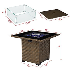 Kinsunny Outdoor Square Propane Gas Fire Pit Table, 30" Fire Pit Table Brown Firepits for Outside Patio with Cover,Blue Fire Glass
