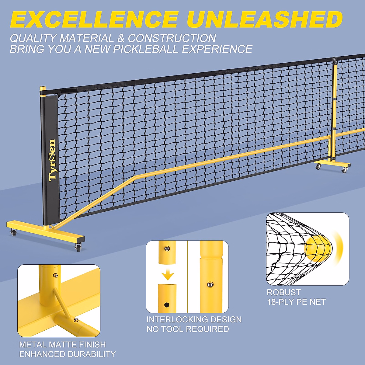 TYRSEN Portable Pickleball Net on Wheels, 22FT Pickleball Net for Driveway Backyard, 18-Ply PE Net, Weather Resistant Metal Frame Pickle Ball Net System for Indoor & Outdoor Play