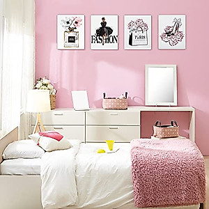 CoziTech Fashion Women Canvas Wall Art Framed, Modern Artwork for Girls Bedroom Wall Décor Pink Flowers Perfume Art Print Handbag High Heel Wall Picture Paintings for Women Room Décor. Set of 4. 8x10in - (Ready to Hang)