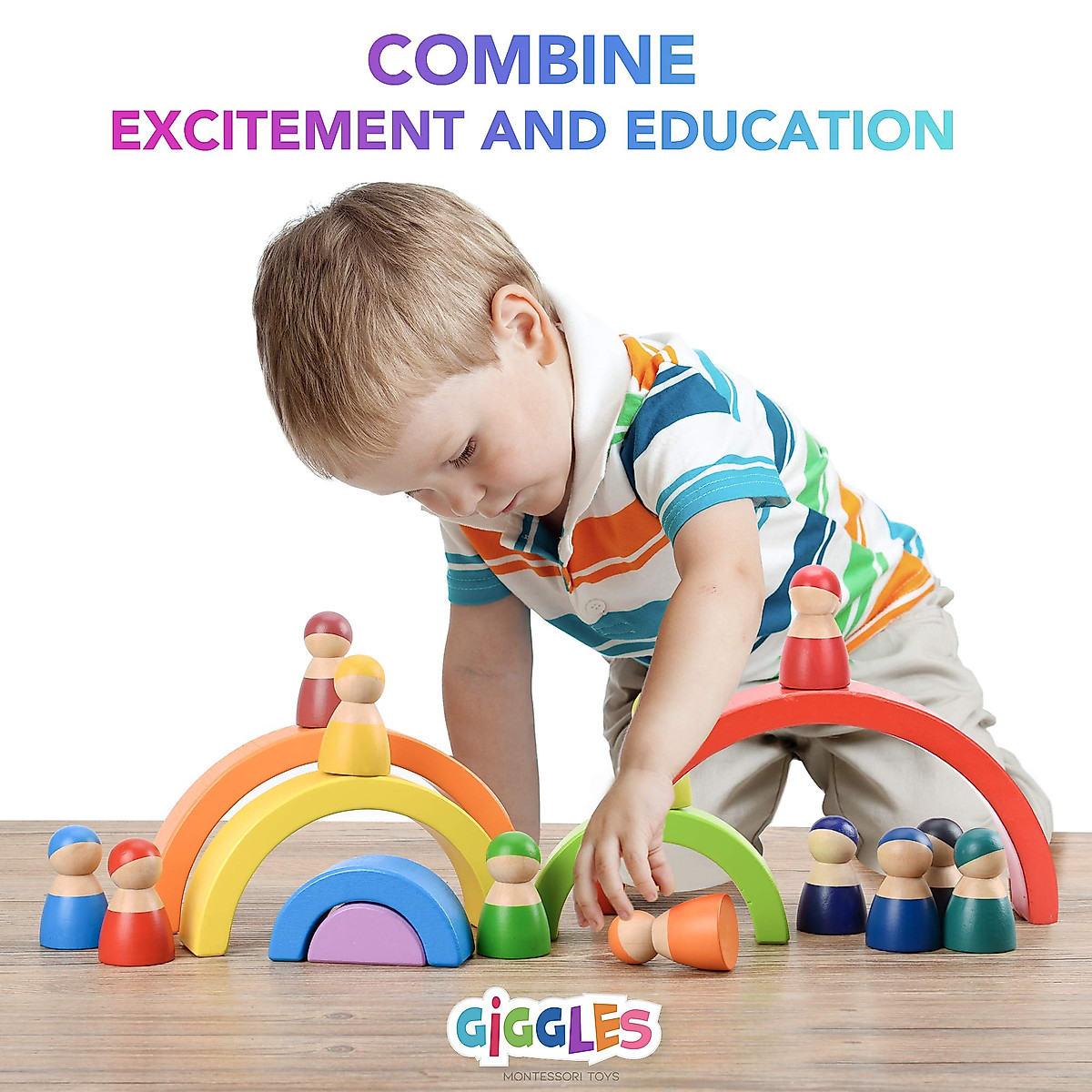 Wooden Rainbow Stacking Toy Playset – 6 Colorful Stacking Blocks & 12 Wooden People, Rainbow Baby Toy, Rainbow Stacker & Brain Development – Rainbow Toy & Puzzle Montessori Rainbow